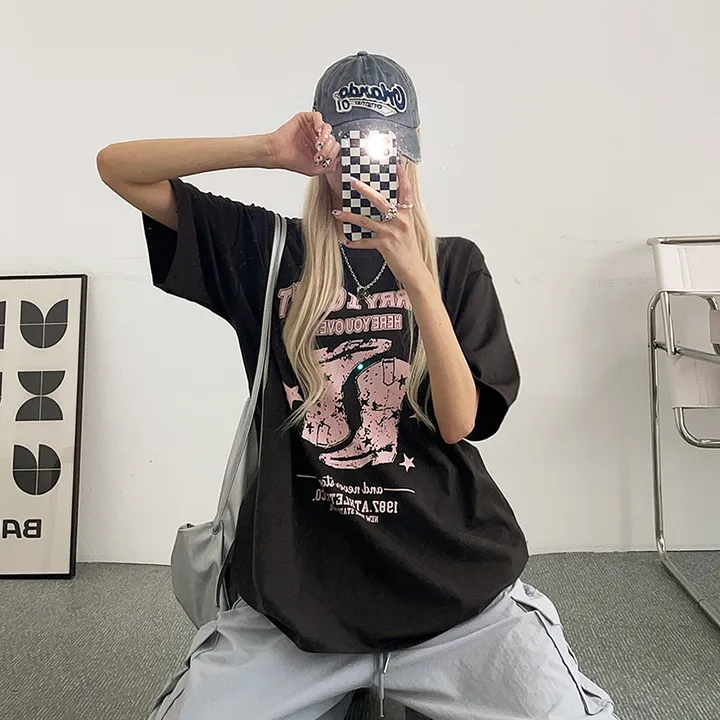 [빅사이즈] Y2K 빈티지 나염 박시 반팔 데일리 캐쥬얼 티셔츠(4color) - 에이블리 스토어