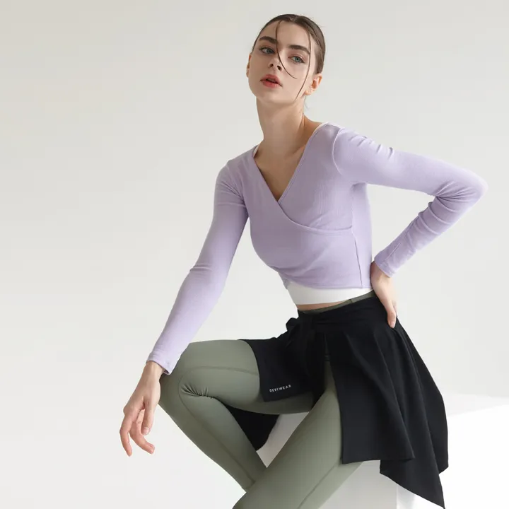 여성 요가복 DEVI-T0041-라벤더 필라테스 커브 랩 크롭티 - 에이블리 스토어