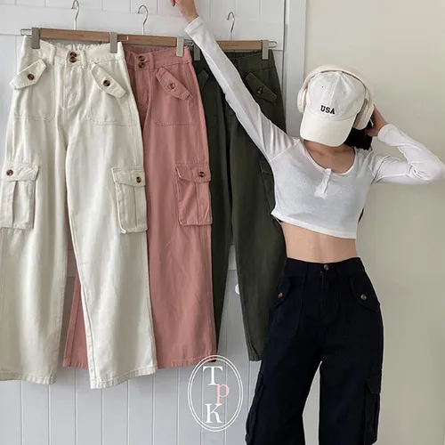 리센 하이웨스트 투버튼 밴딩 와이드 카고 팬츠 (4color) [봄심상/봄바지/Y2K/개강룩/빈티지] - 에이블리 스토어