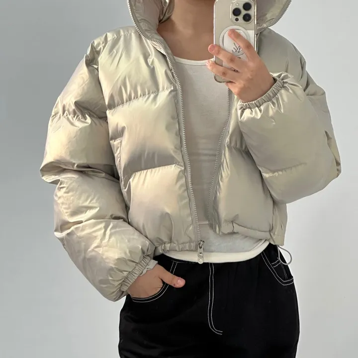 [주문폭주/BEST신상 그레이 컬러] 유광 글로시 스트링 Y2K 겨울 크롭 점퍼 패딩 - 에이블리 스토어