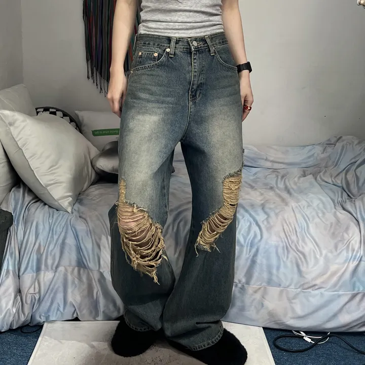 vinage washing damage denim pants - 에이블리 스토어