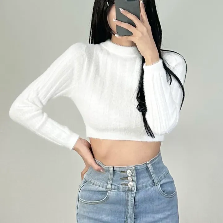 [1+1할인][털빠짐X/4col] 앙고라 니트 골지 라운드넥 크롭 CROP 숏 긴팔 쫀쫀 스판 부드러운 색감좋은 데일리 여친룩 사랑스러운 러블리 (4colors ...