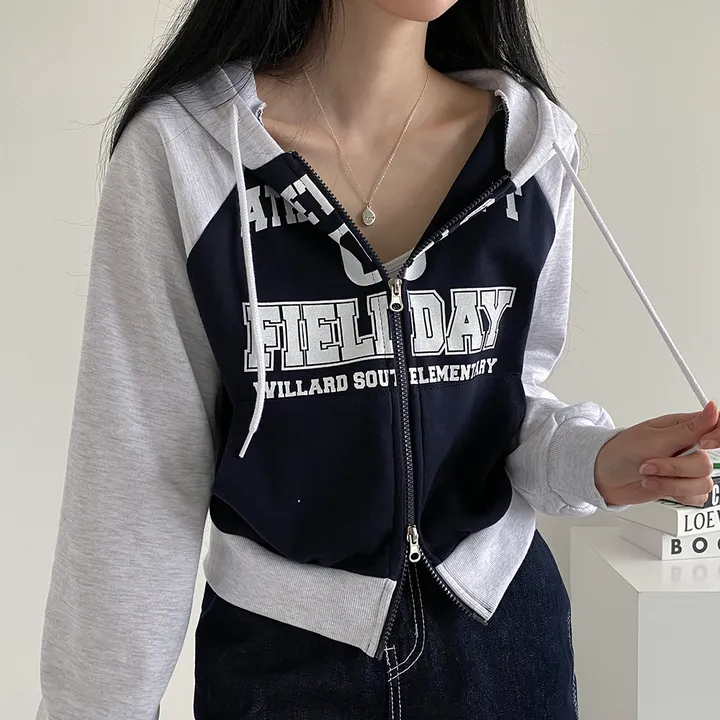 [y2k/집업!] 빈티지 필드데이 나그랑 투웨이 배색 크롭 후드 집업 4color - 에이블리 스토어