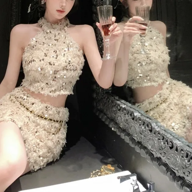 블링 프린지 민소매 탑 체인 미니 스커트 투피스 셋업 블링 홀터넥 탑 백 트임 나시 탑 미니 스커트 프린지 미니 스커트 섹시 투피스 글램 투피스 Bj 여캠 방송 홀복 파티룩