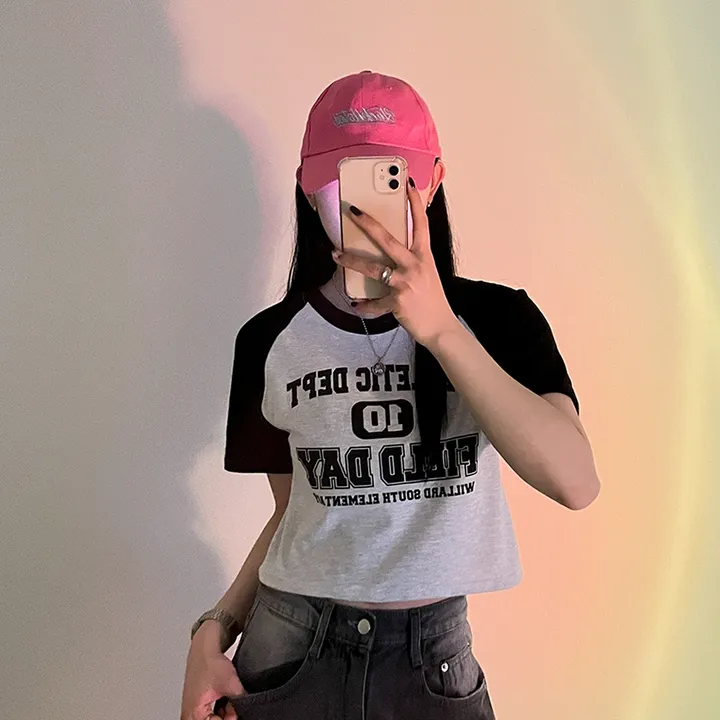 Y2K 배색 나그랑 크롭 반팔 라운드 스트릿 티셔츠(4color) - 에이블리 스토어