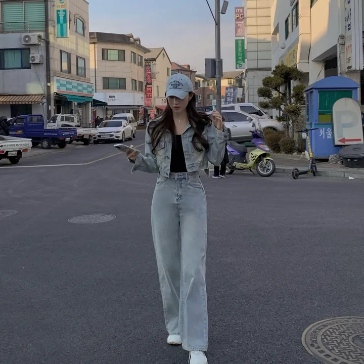 [ SET/ 러블리힙ღ] 워싱 데님 투피스 와이드 크롭 자켓 셋업 y2k 청 투피스 데이트룩 봄 가을 - 에이블리 스토어