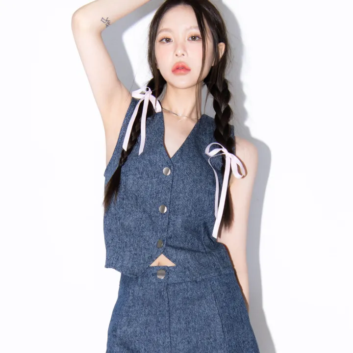 LITT 리핏 백아일렛 데님 베스트 _ 다크블루 - 에이블리 스토어