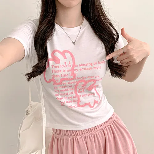 [1+1할인/Y2k&캐주얼] 시몬 토끼 배색 세미 크롭 반팔 티셔츠 (4color) - 에이블리 스토어