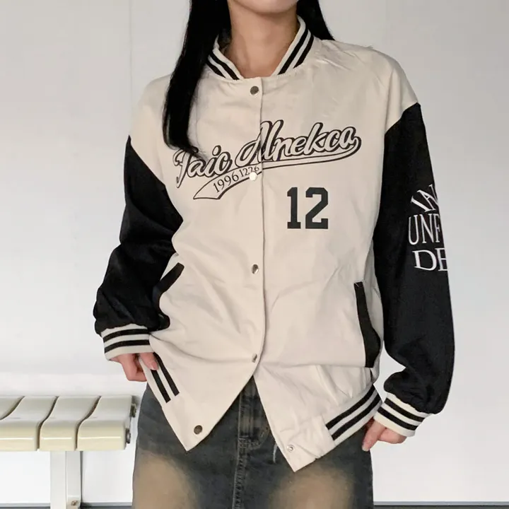 [y2k/가을신상] 빈티지 배색 레터링 야구 점퍼 3color - 에이블리 스토어