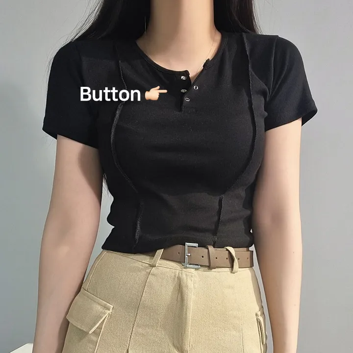 [당일발송🚀y2k 슬림핏!] 버튼 똑딱 크롭 반팔 티셔츠 - 4color - 에이블리 스토어