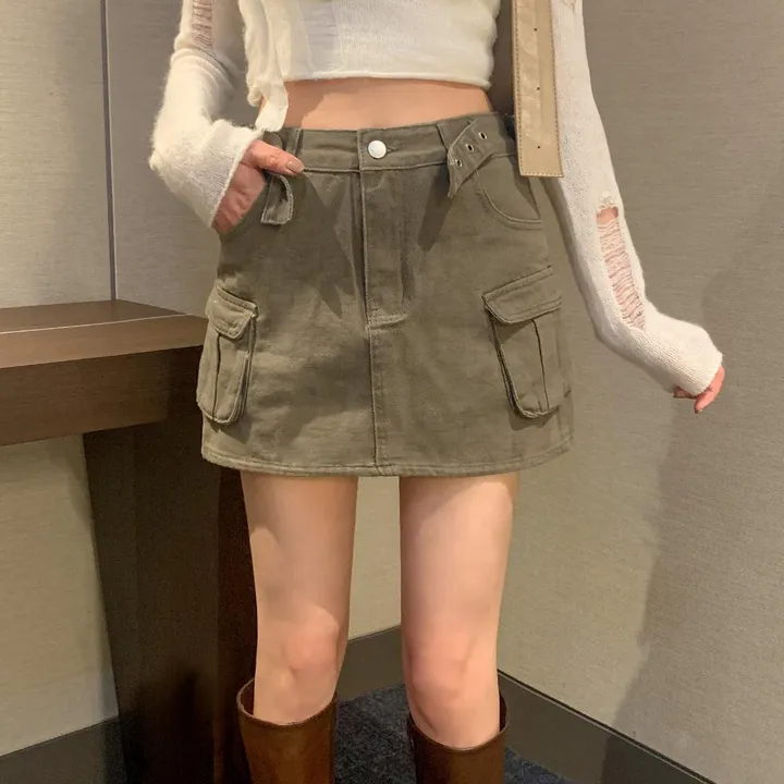 [Y2K💚속바지내장] 허리조절OK! 빈티지 카고 펀칭 벨트 미니 스커트 숏 코튼 면 치마 포켓 유니크 데일리룩 데이트룩 개강룩 ...