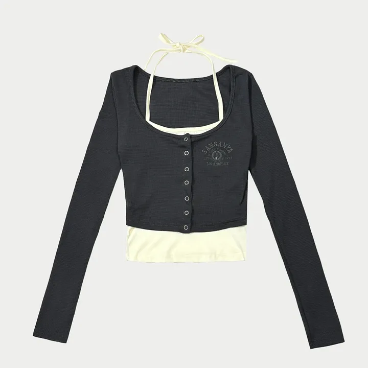 y2k 하이틴 홀터넥 배색 스쿨룩 나시 레이어드 슬림 여리 크롭 봄 여름 가을 겨울 긴팔티셔츠 - 에이블리 스토어