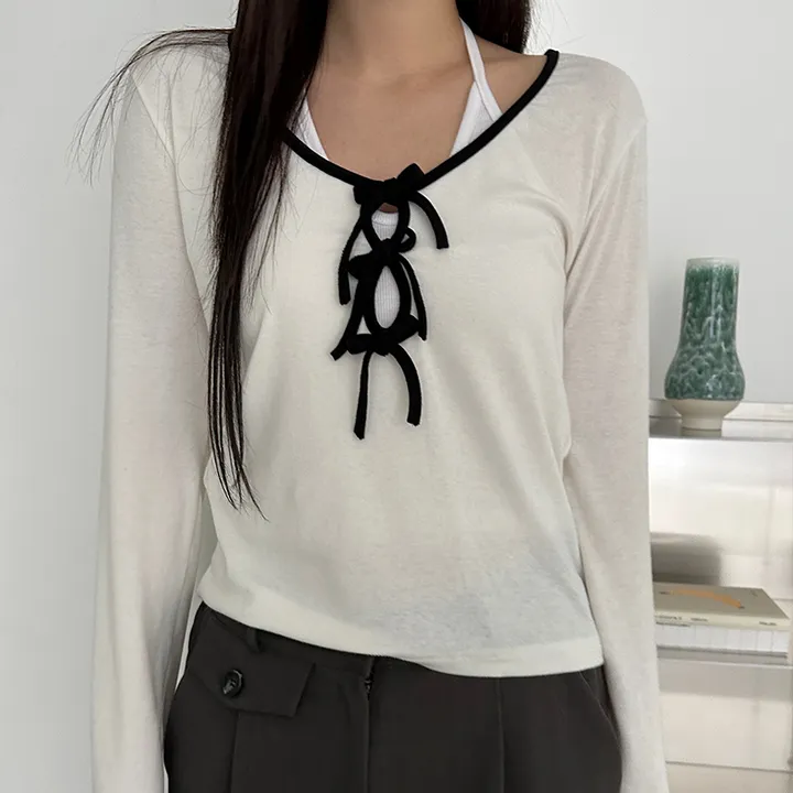 deep v neck ribbon t-shirt - 에이블리 스토어