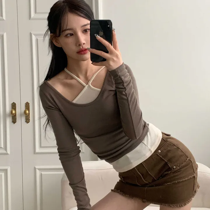 [레이어드/SET]디어 언발 홀터 레이어드 긴팔 나시 세트(4COL) - 에이블리 스토어