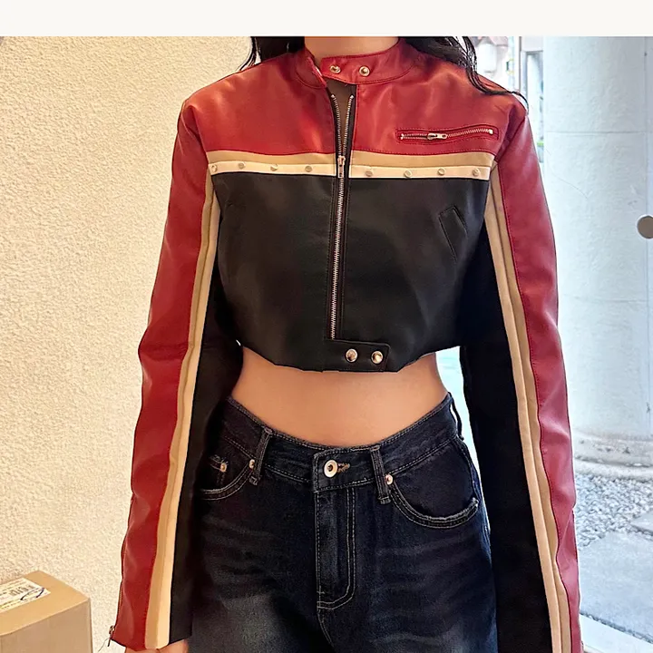 [동일상품최저가] 배색 레드스틸 숏 크롭 레더 자켓 바이커 레이서 y2k 유니크 레트로 키치 힙 - 에이블리 스토어