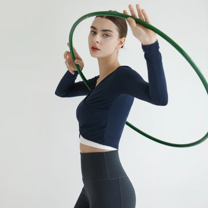 여성 요가복 DEVI-T0041-네이비 필라테스 커브 랩 크롭티 - 에이블리 스토어