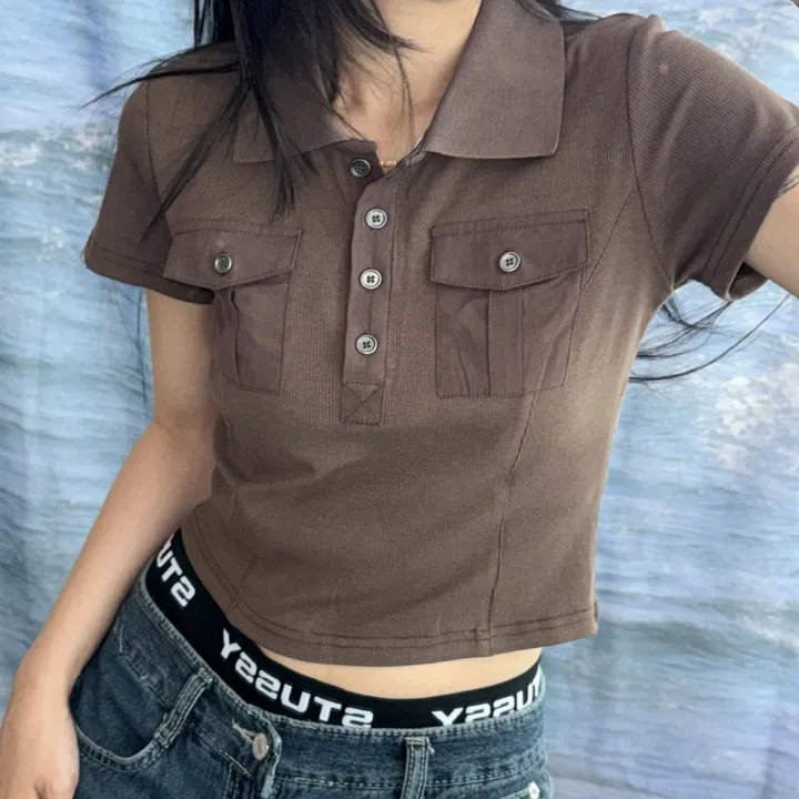 y2k 더 데이크 버튼 포켓 포인트 카라 하프 티셔츠(4color/3-5일 여유주문) - 에이블리 스토어