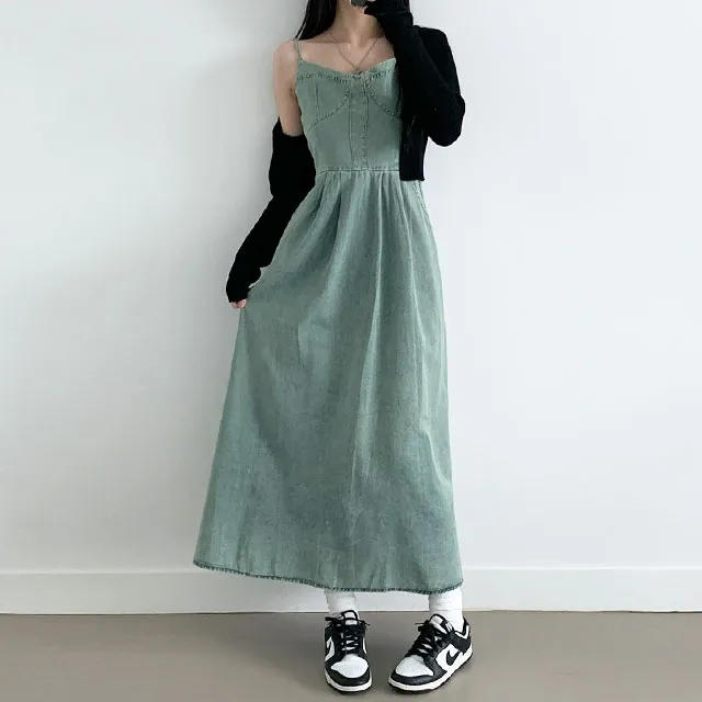 [y2k/빈티지무드/끈조절0] 닝닝 핀턱 스모크밴딩 뷔스티에 나시 데님 롱원피스 - 에이블리 스토어