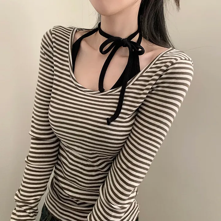 y2k) 단가라 스트라이프 긴팔티 (4color) - 에이블리 스토어